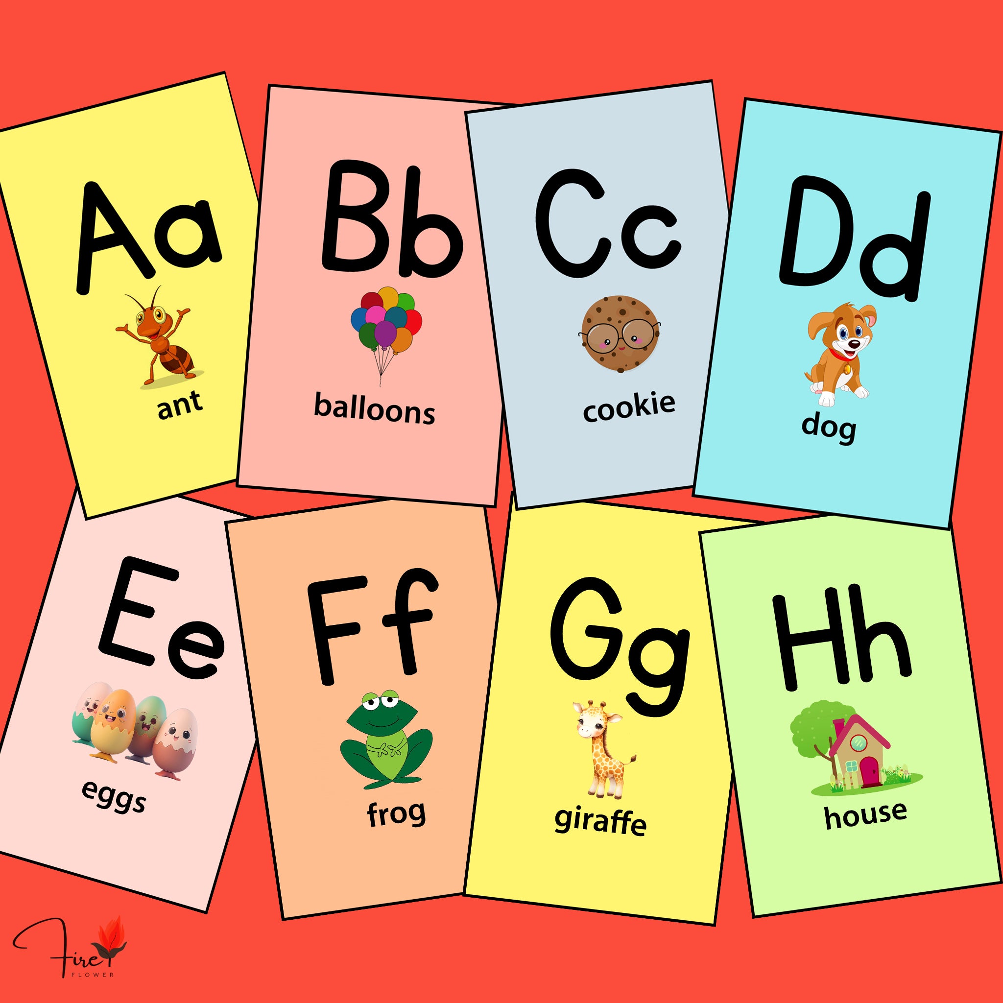 ABC Flash Cards – Printable PDF (2 & 4 Cards per A4 Page) – Fire Flower